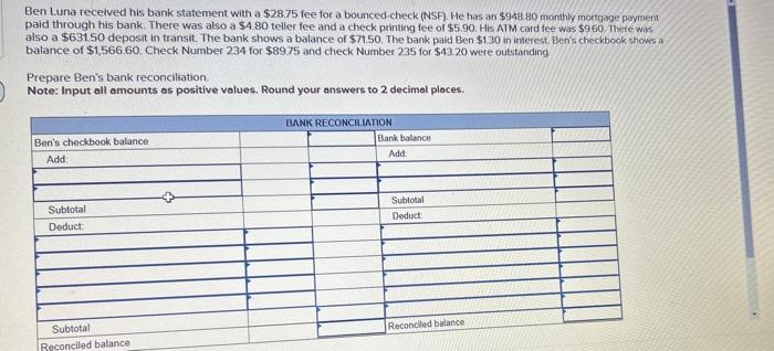 Solved Ben Luna received his bank statement with a $28.75 | Chegg.com