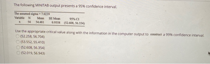 Solved The following MINITAB output presents a 95% | Chegg.com