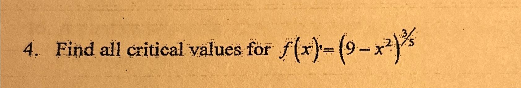Solved Find all critical values for f(x)=(9-x2)35 | Chegg.com