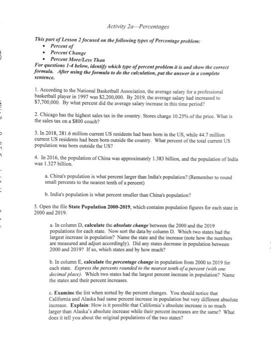 Solved Activity 2a-Percentages This part of Lesson 2 focused | Chegg.com