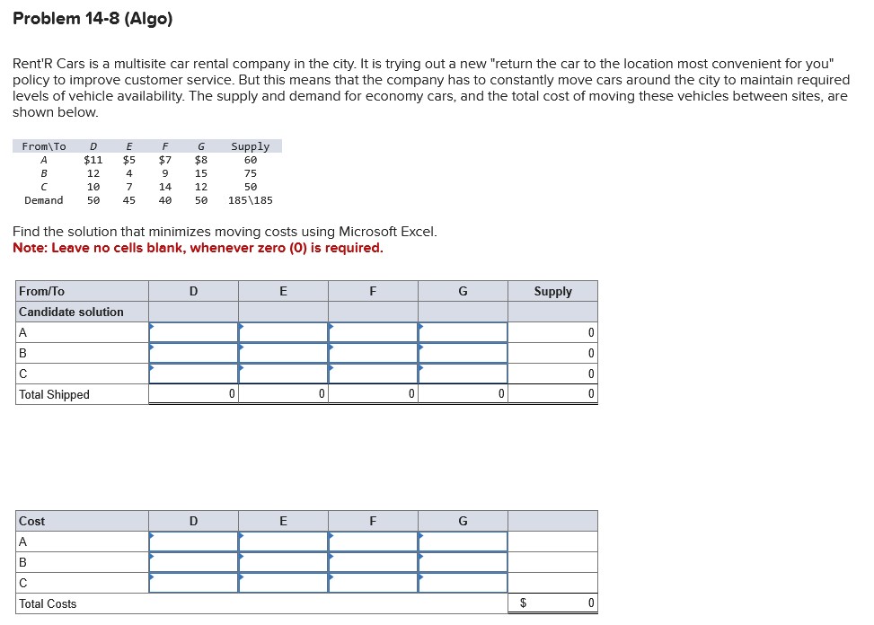 Problem 14-8 (Algo)Rent'R Cars is a multisite car | Chegg.com