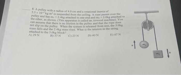 Solved 8. A pulley with a radius of 4.0 cm and a rotational | Chegg.com