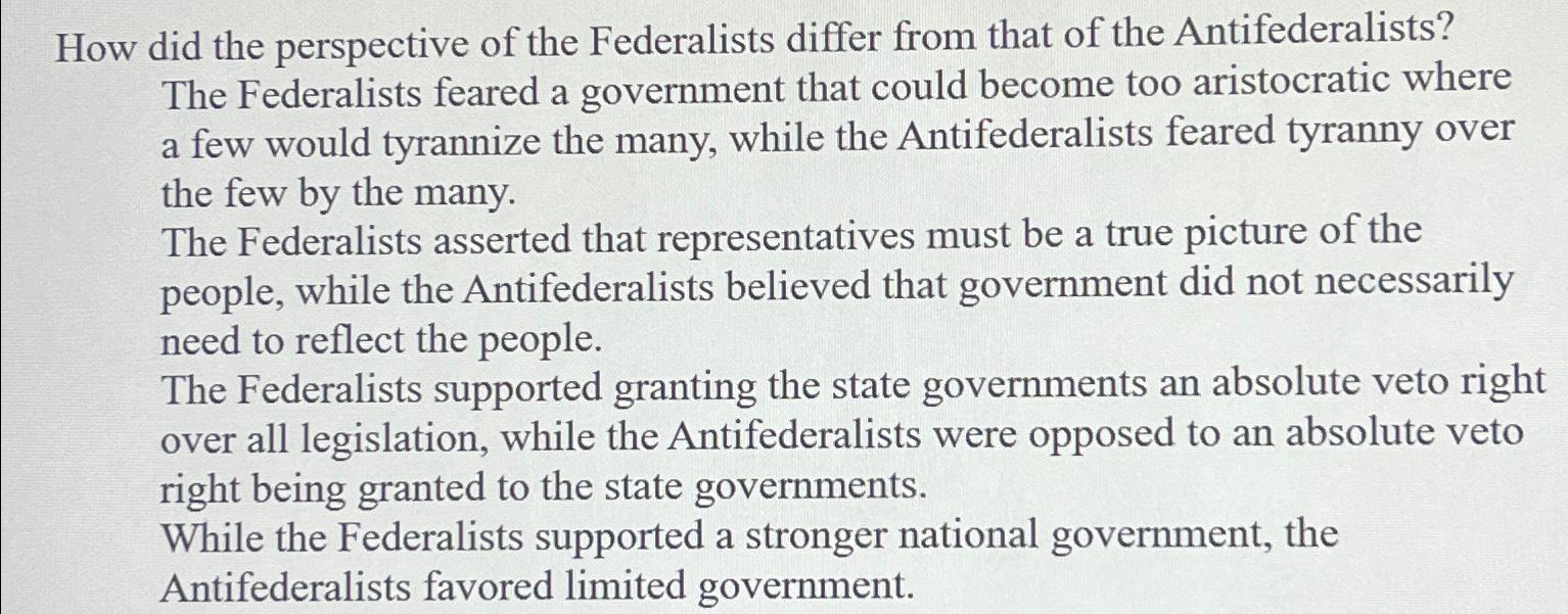 Solved How did the perspective of the Federalists differ | Chegg.com