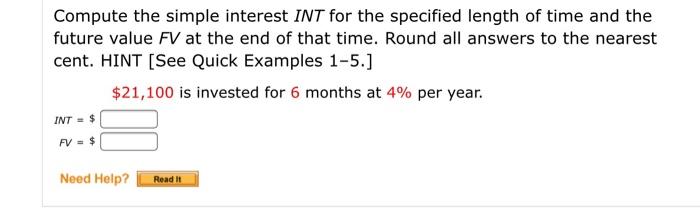 Solved Compute the simple interest INT for the specified | Chegg.com