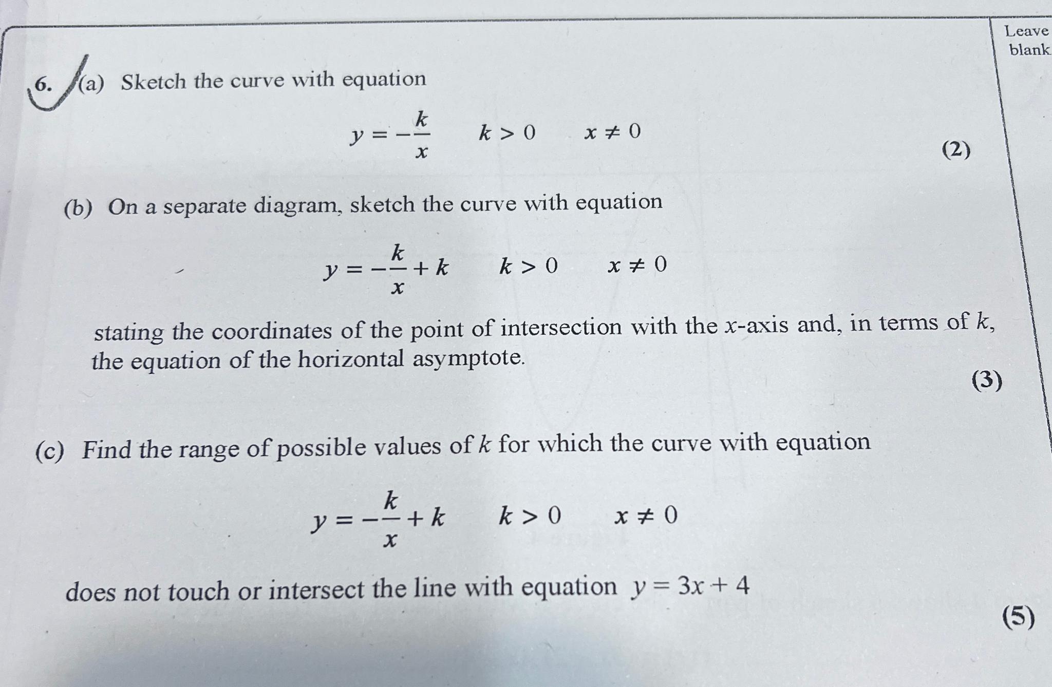 Solved (a) ﻿Sketch the curve with equationy=-kx,k>0,x≠0(b) | Chegg.com
