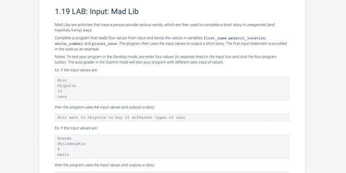 1.19 LAB: Input: Mad Lib Mad Labs are activinies that | Chegg.com