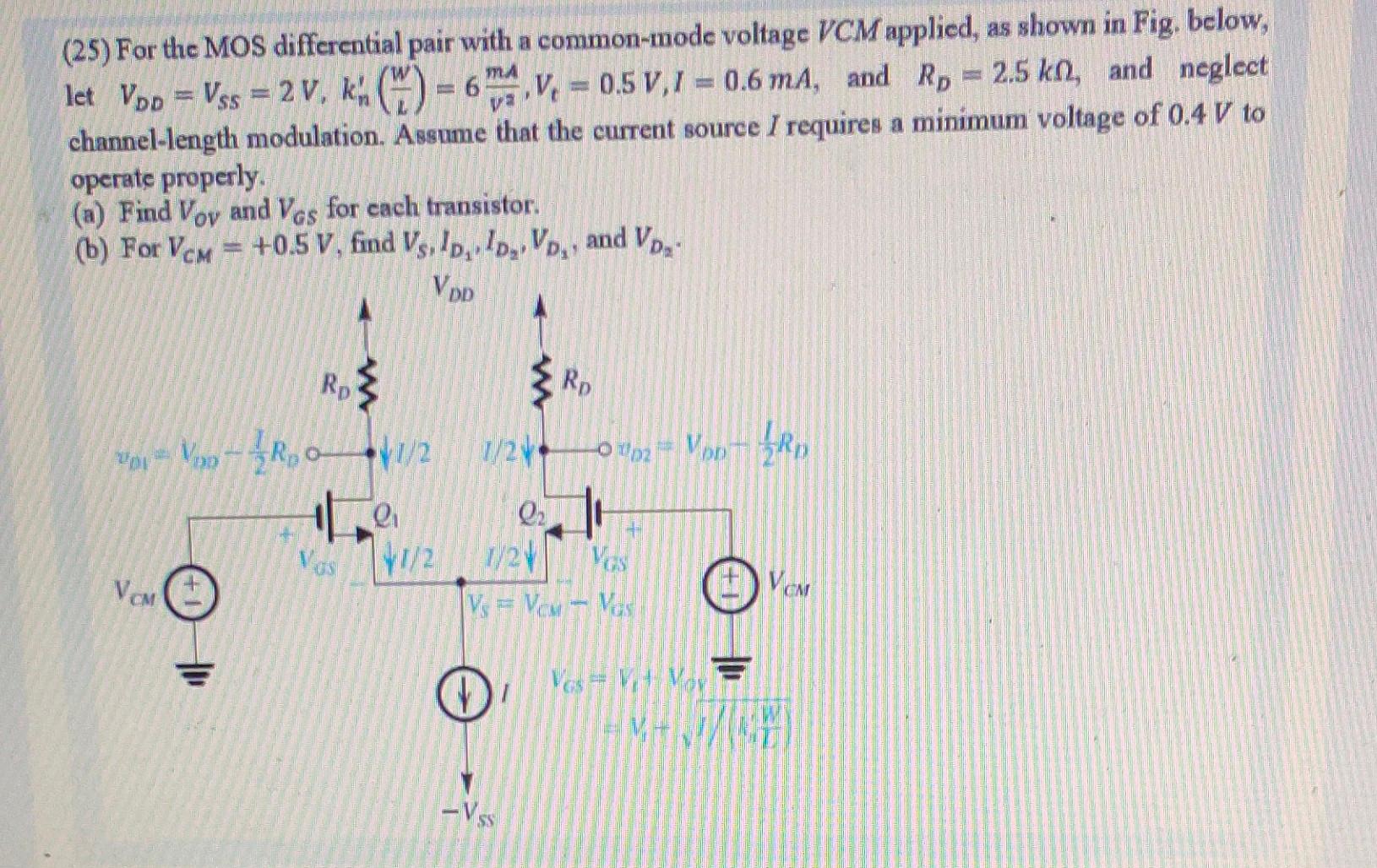 Solved (25) For the MOS differential pair with a common-mode | Chegg.com