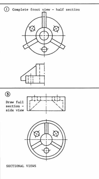 Solved 0 Complete front view - half section Draw full | Chegg.com