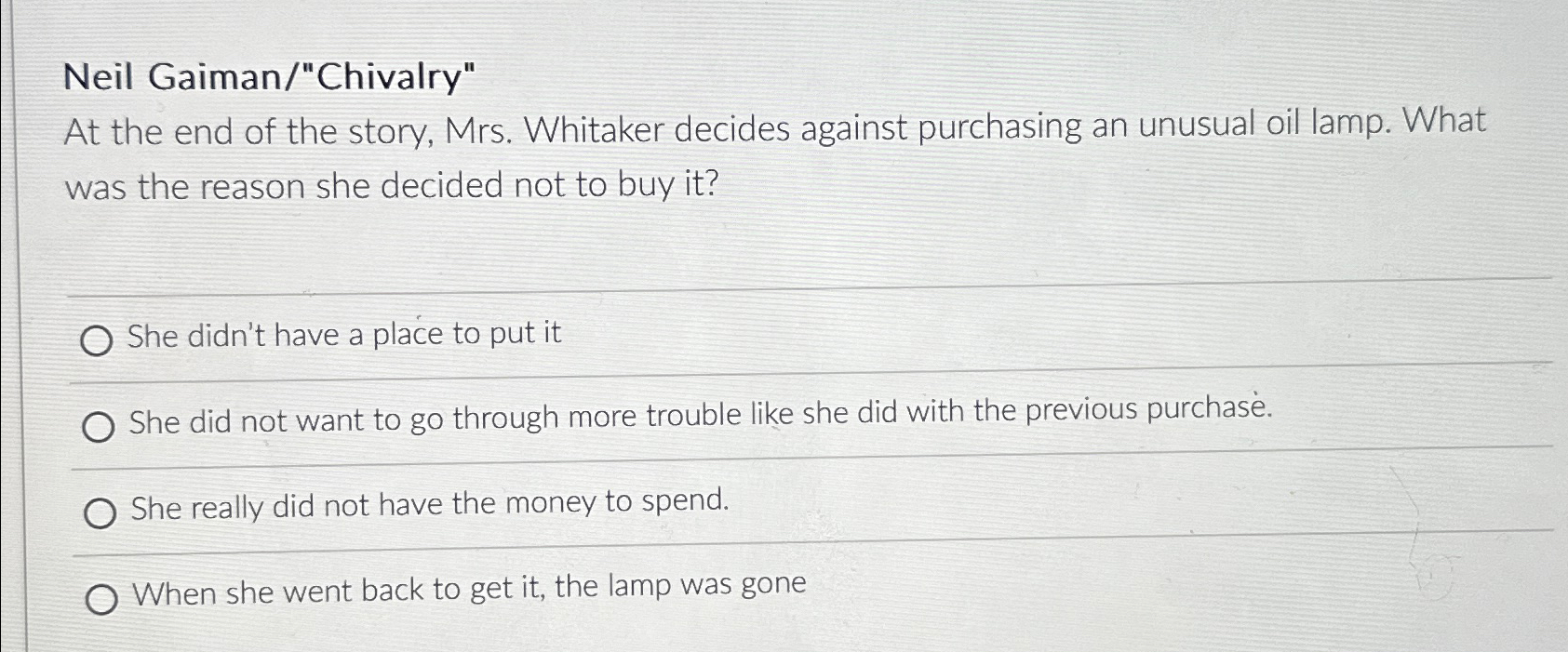 Solved Neil Gaiman/"Chivalry"At the end of the story, Mrs. | Chegg.com