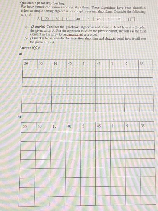 Solved Question 2 (6 marks): Sorting We have introduced | Chegg.com