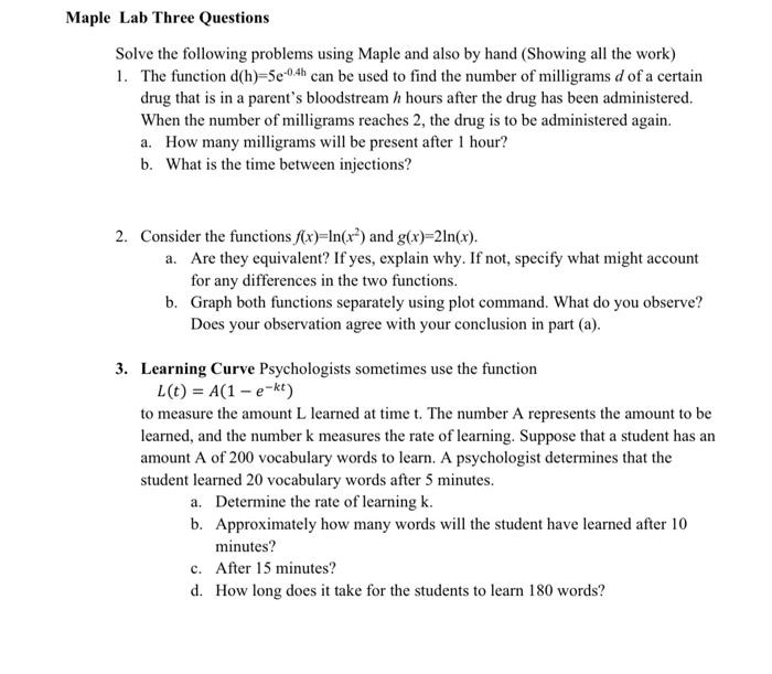 Solved Maple Lab Three Questions Solve the following | Chegg.com