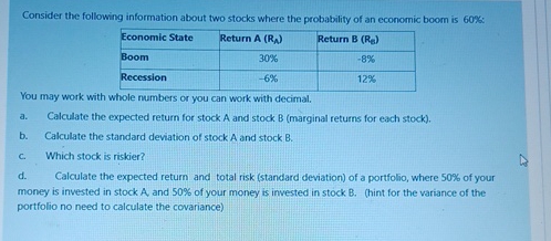 Solved Consider the following information about two stocks | Chegg.com