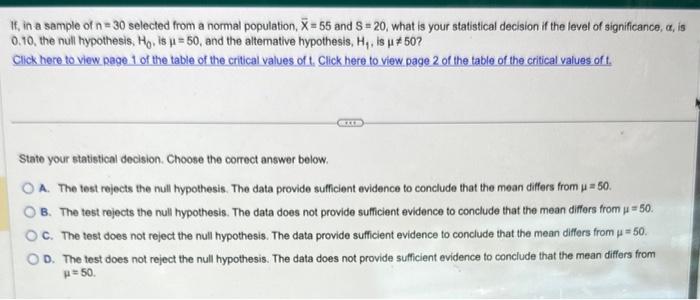 Solved If, in a sample of n=30 selected from a normal | Chegg.com