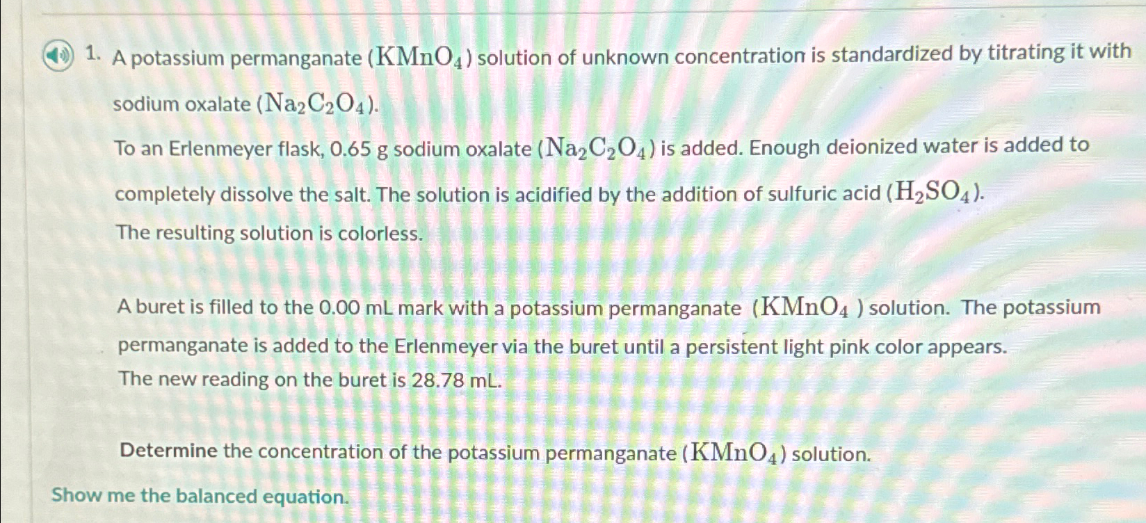 Solved (4)) 1. ﻿A potassium permanganate (KMnO4) ﻿solution | Chegg.com
