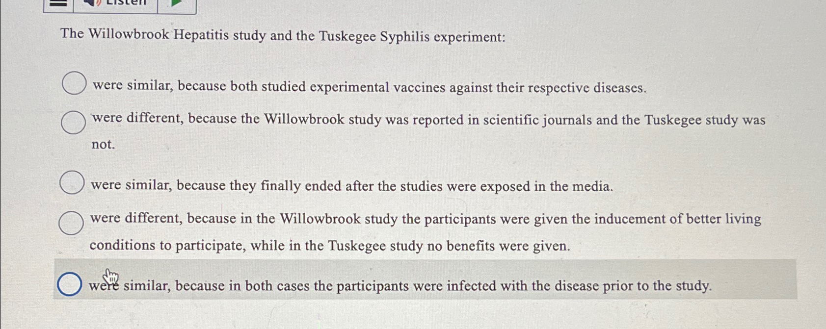 Solved The Willowbrook Hepatitis study and the Tuskegee | Chegg.com