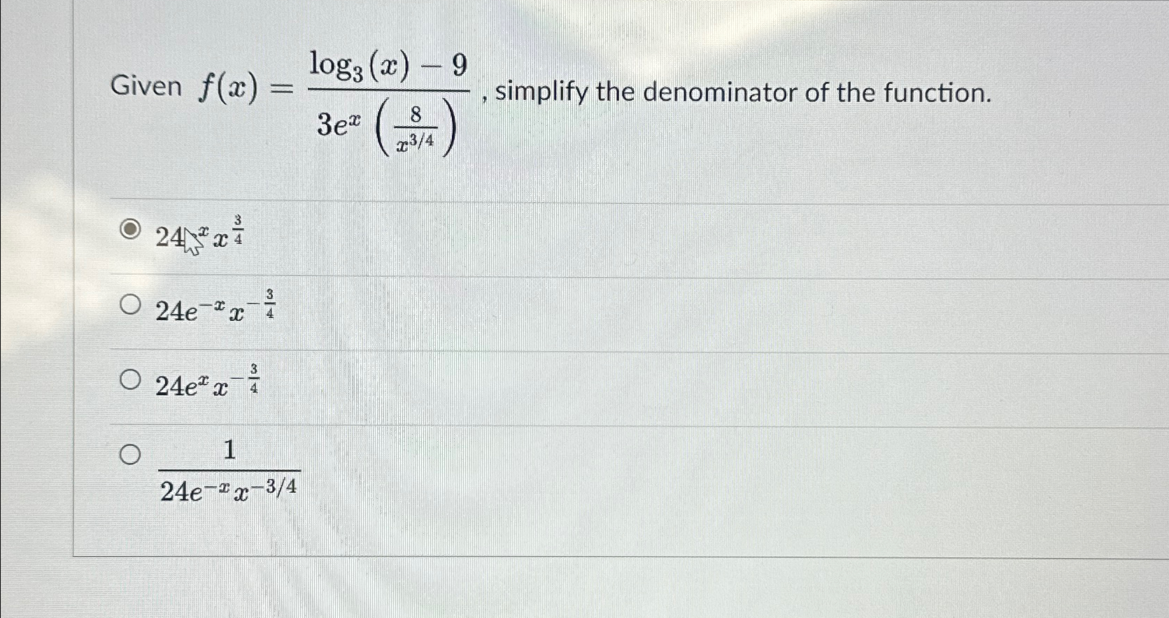 Solved Given f(x)=log3(x)-93ex(8x34), ﻿simplify the | Chegg.com
