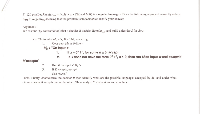 Let RegularTM = { is a TM and L(M) is a regular | Chegg.com