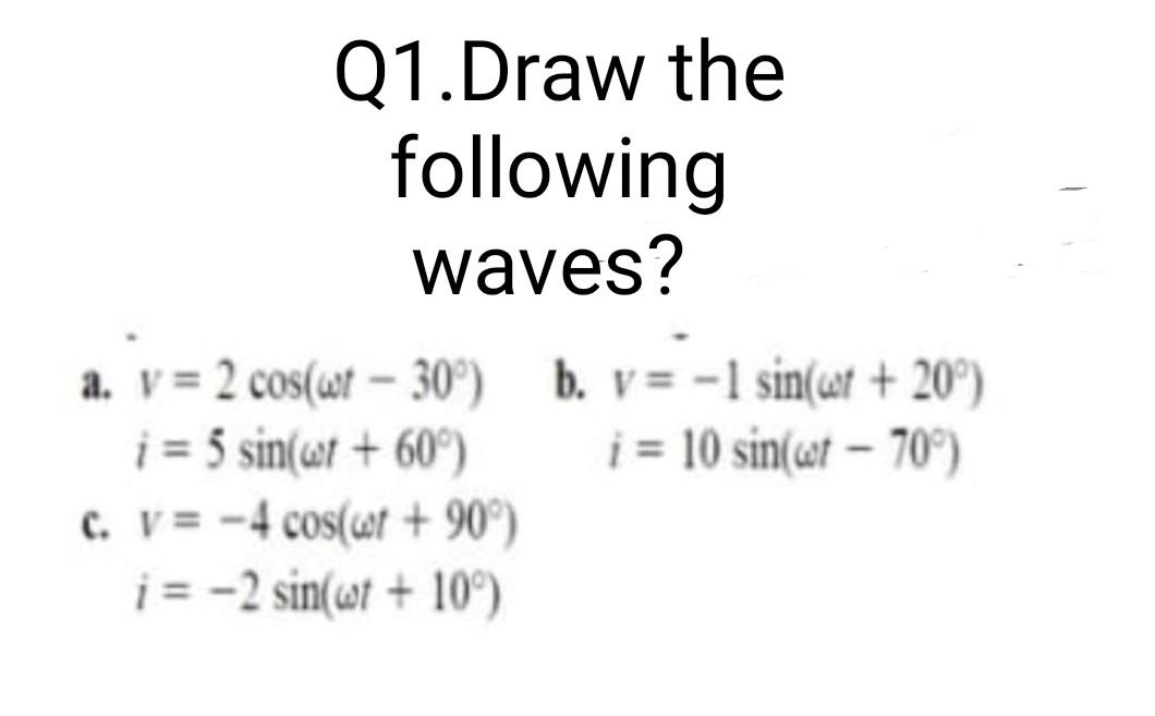 Solved Q1.Draw the following waves? a. v = 2 cos(wt - 30°) | Chegg.com