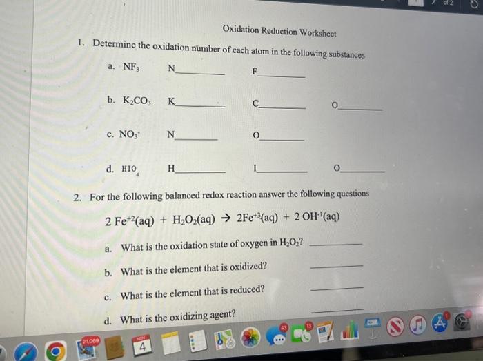 Solved 1. Determine the oxidation number of each atom in the | Chegg.com