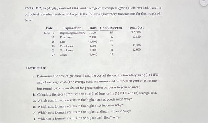 Solved E6.7 (LO 2, 3) (Apply perpetual FIFO and average | Chegg.com