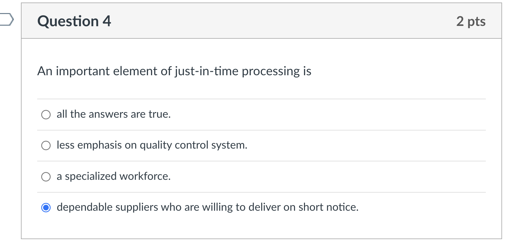 Solved Question 4An important element of just-in-time | Chegg.com