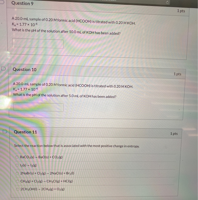 Solved Question 9 1 pts A 20.0-ml sample of 0.20 M formic | Chegg.com