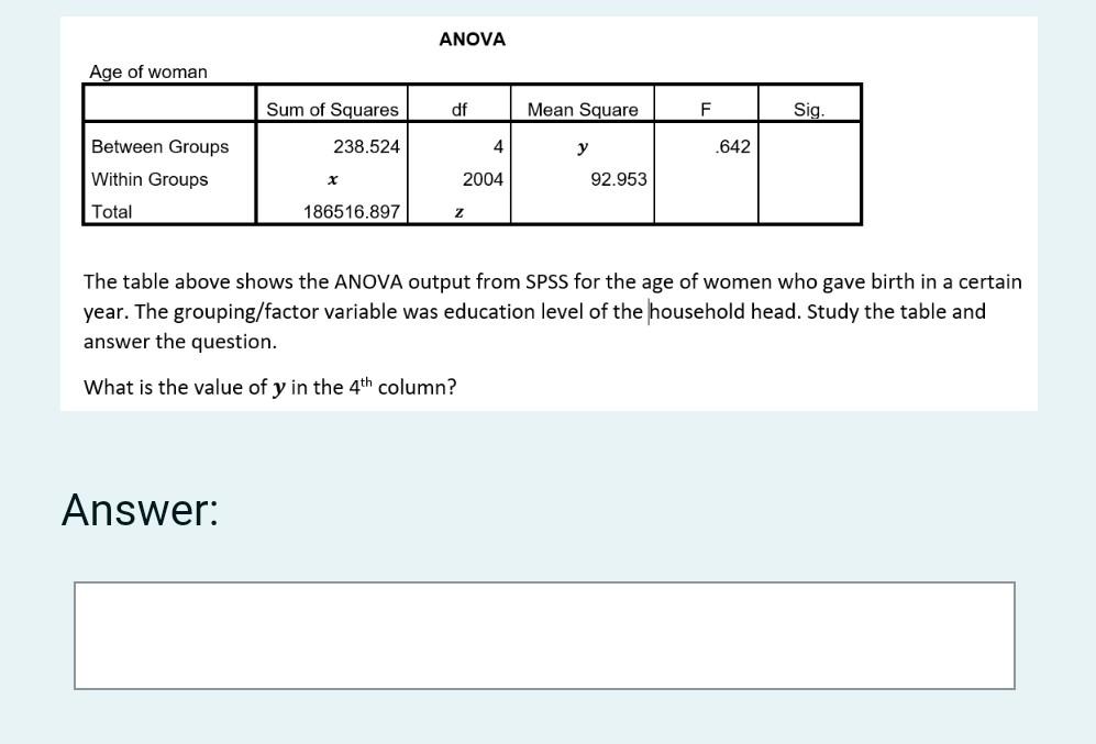 Solved ANOVA The table above shows the ANOVA output from | Chegg.com