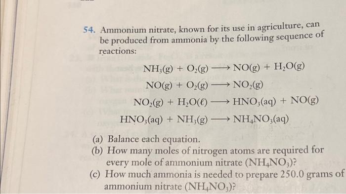 Solved 54. Ammonium nitrate, known for its use in | Chegg.com