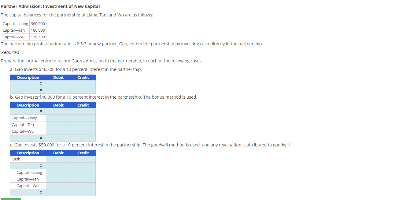 Partner Admission: Investment of New CapitalThe | Chegg.com