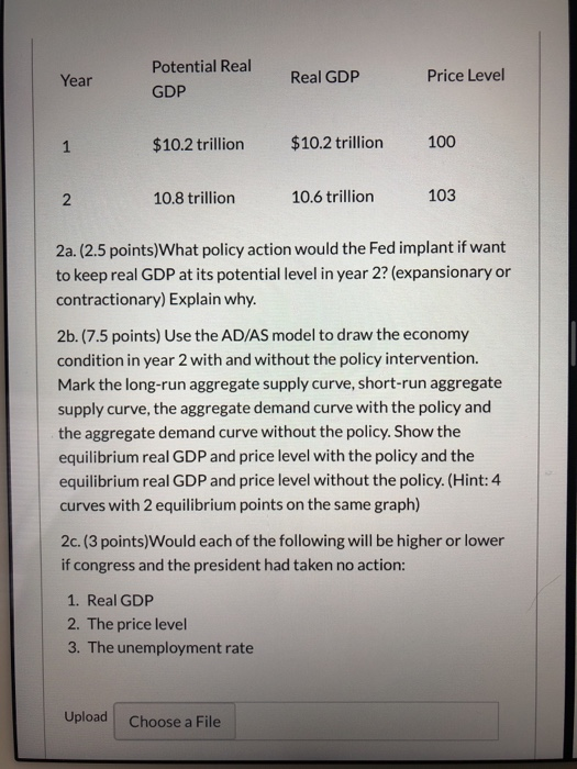 Solved Year Potential Real GDP Real GDP Price Level 1 $10.2 | Chegg.com