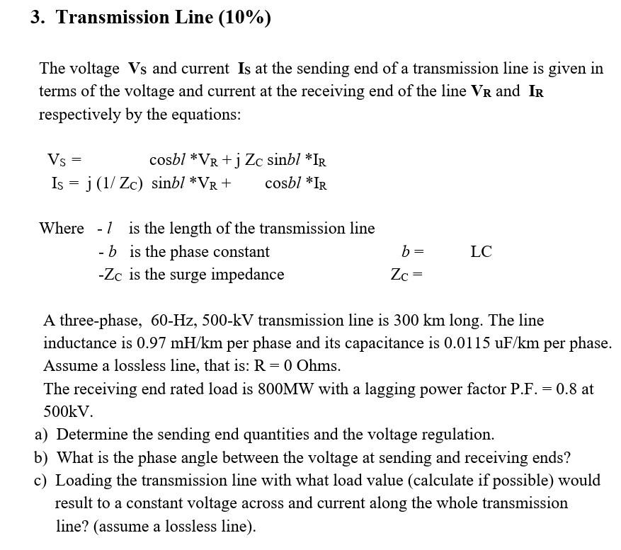 Solved The voltage Vss and current Is at the sending end of | Chegg.com