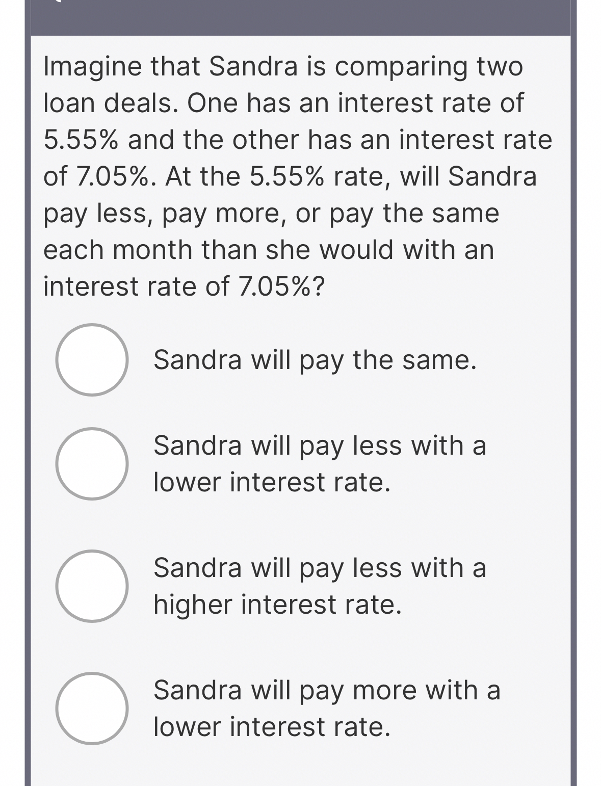 Solved Imagine that Sandra is comparing twoloan deals. One | Chegg.com