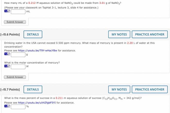Solved How many mL of a 0.212M aqueous solution of NaNO3 | Chegg.com