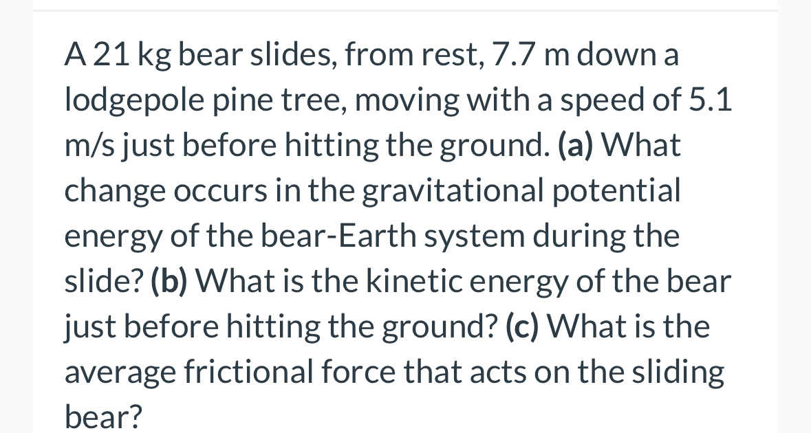 Solved A 21 ﻿kg bear slides, from rest, 7.7 ﻿m down a | Chegg.com