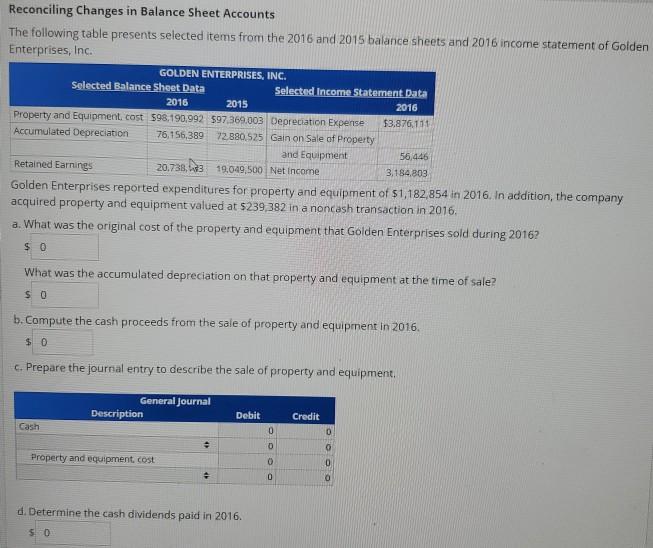 Solved Reconciling Changes In Balance Sheet Accounts The Chegg