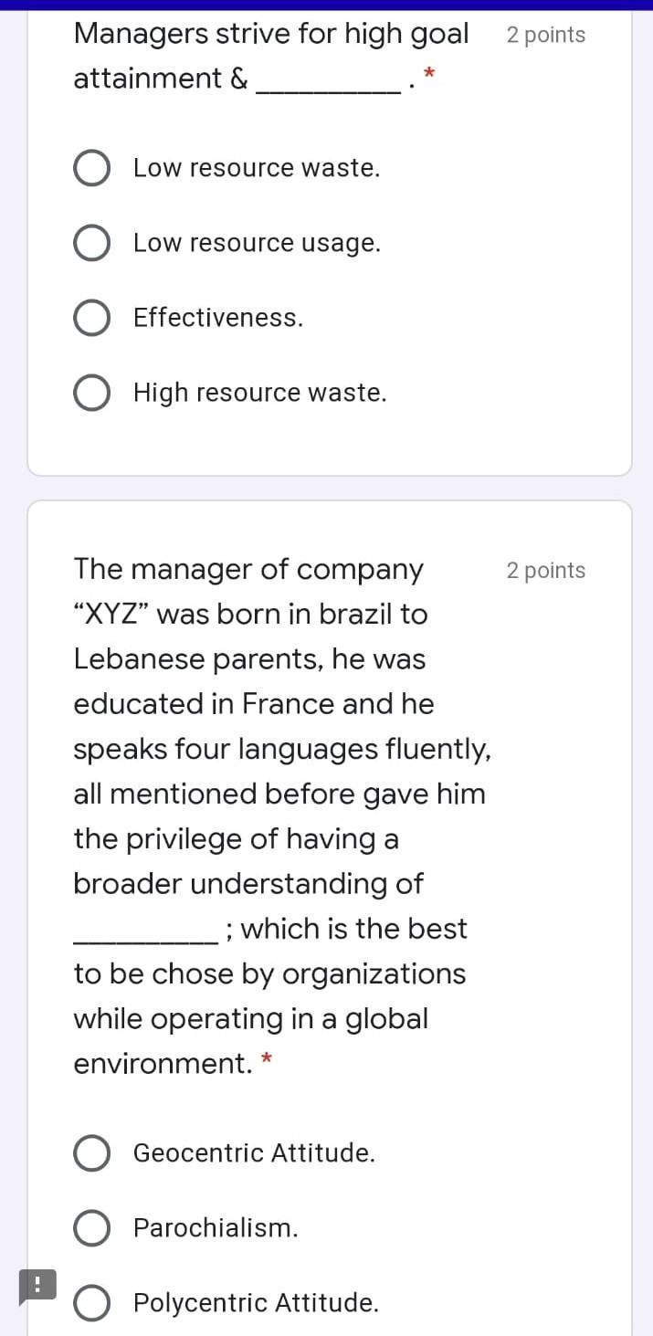 Solved Managers strive for high goal 2 points attainment & | Chegg.com