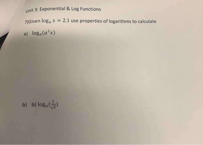 Solved Unit 3: Exponential & Log Functions 7) Given loga x = | Chegg.com