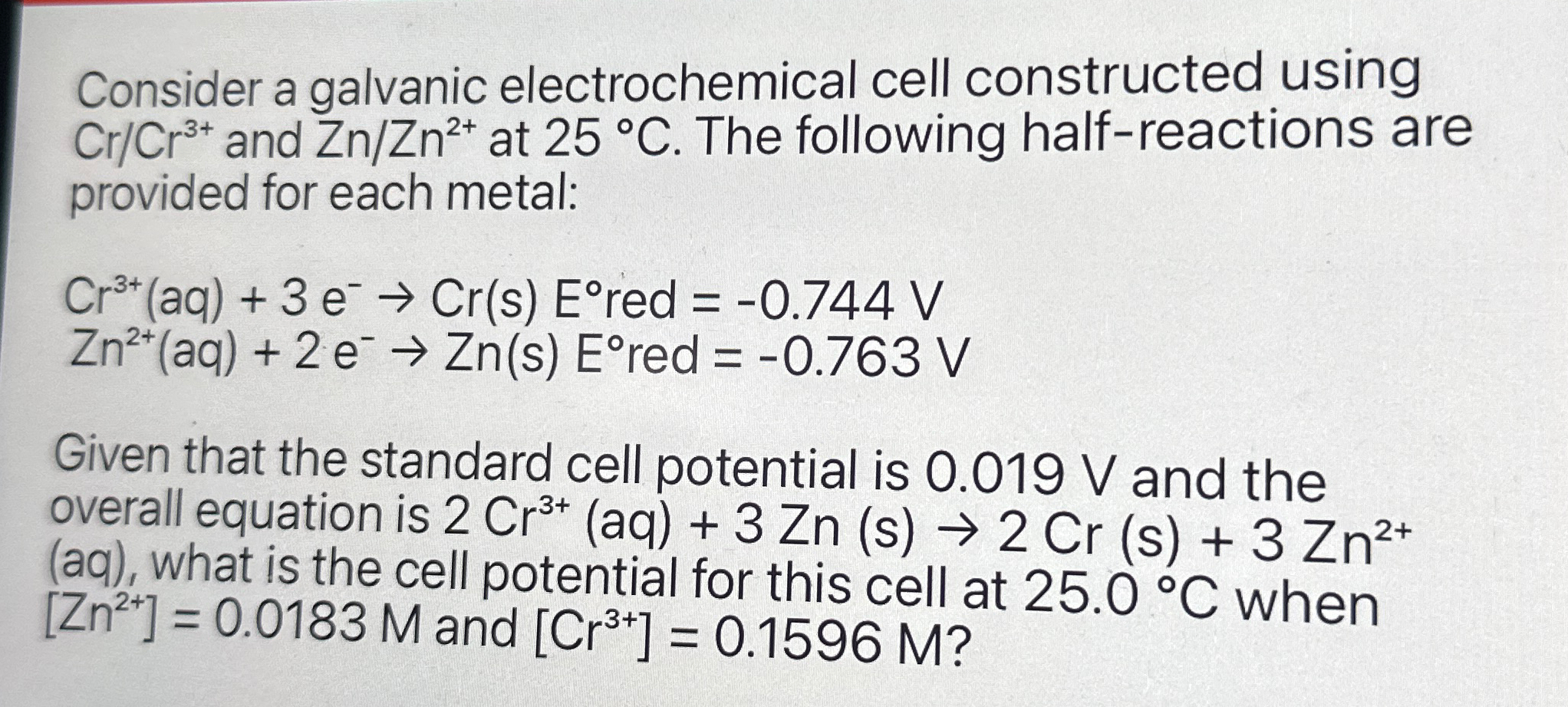 Solved Consider a galvanic electrochemical cell constructed | Chegg.com