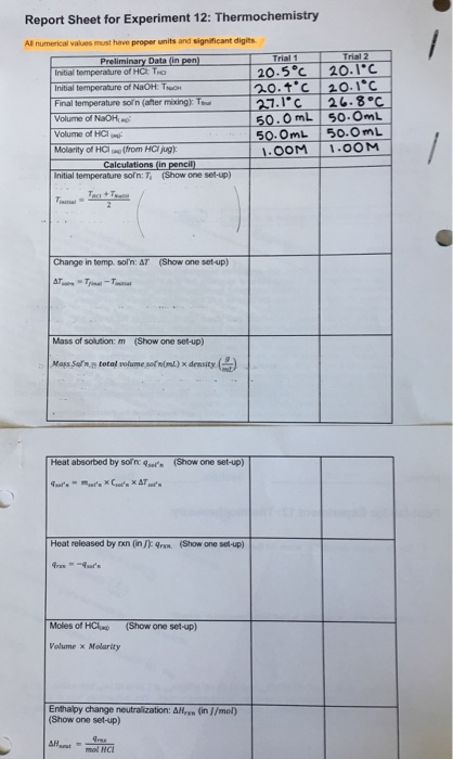 Solved Report Sheet for Experiment 12: Thermochemistry Al | Chegg.com