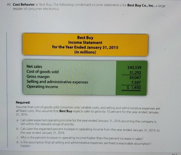 Solved 19. Cost Behavior at Best Buy. The following | Chegg.com