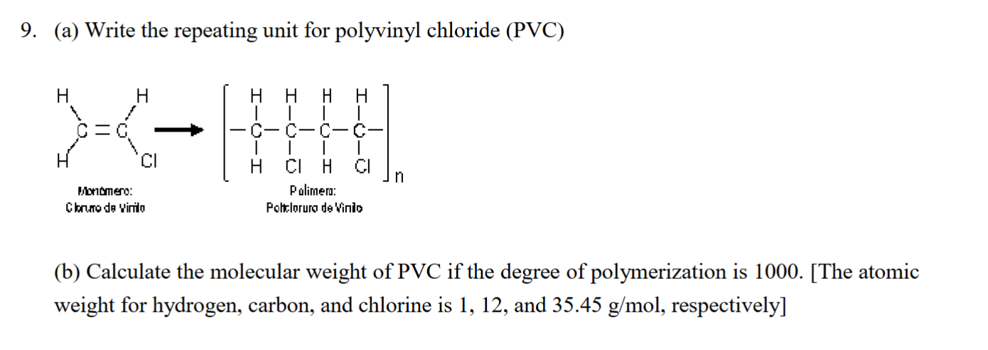 Solved 9. (a) ﻿Write the repeating unit for polyvinyl | Chegg.com