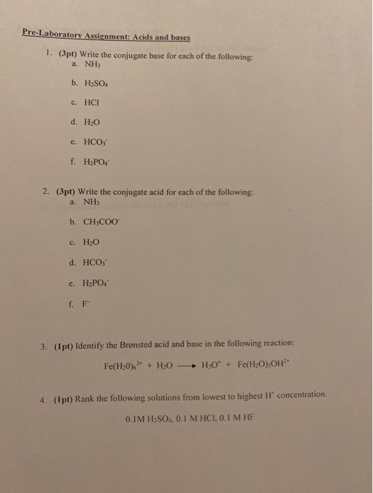 Solved Pre-Laboratory Assignment: Acids and bases 1. (3pt) | Chegg.com