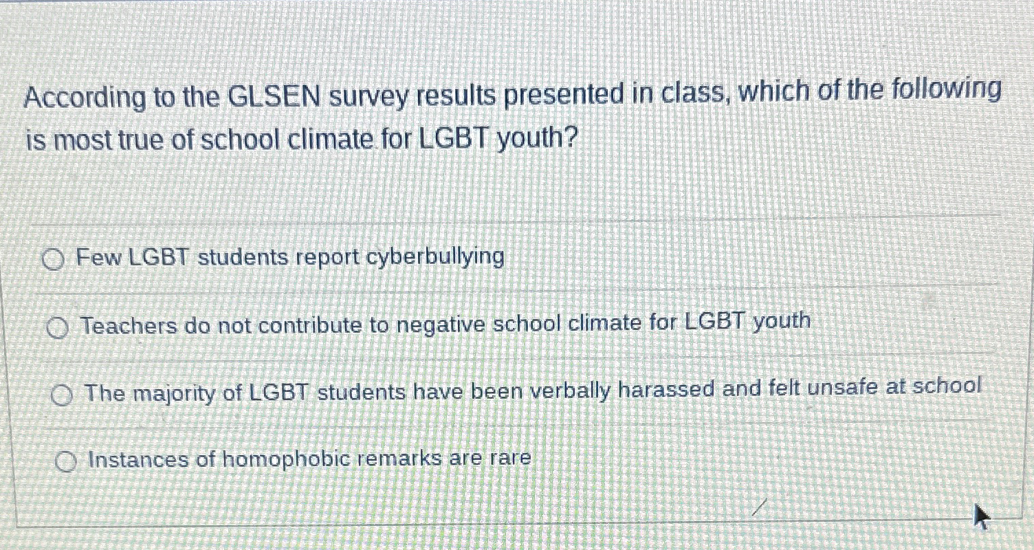 Solved According to the GLSEN survey results presented in | Chegg.com