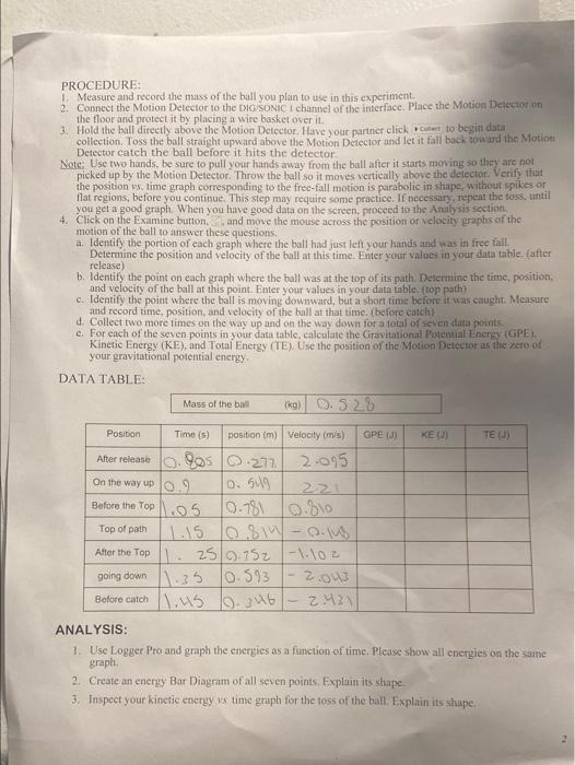 Solved hello, please help me fill out the GPE, KE, and TE | Chegg.com