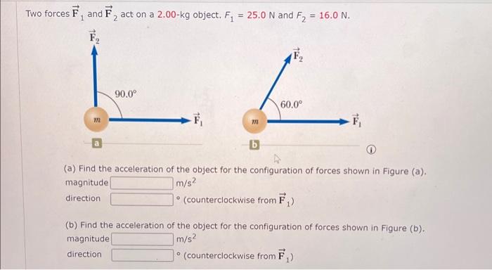 Solved Two forces F1 and F2 act on a 2.00-kg object. F1=25.0 | Chegg.com