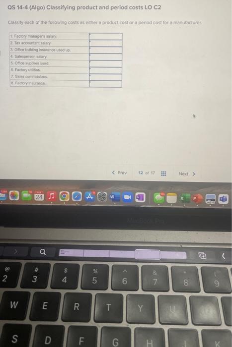 Solved QS 14-4 (Algo) Classifying product and period costs | Chegg.com