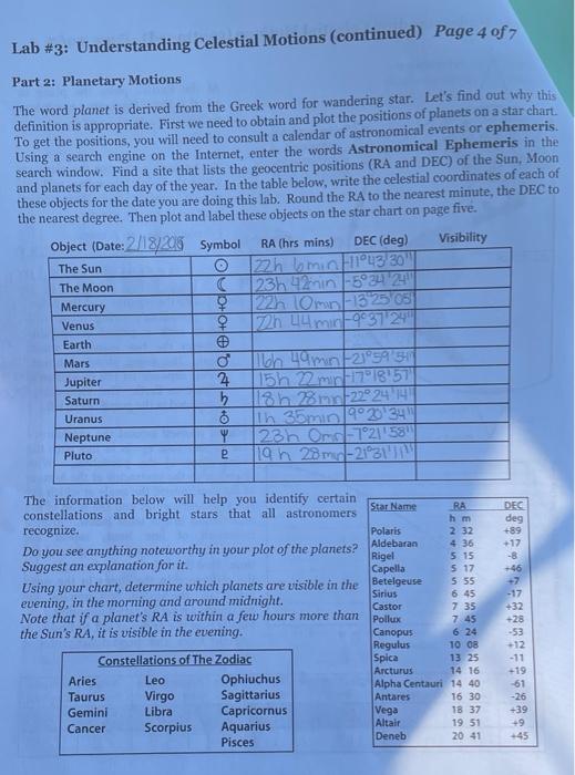Lab #3: Understanding Celestial Motions (continued) | Chegg.com
