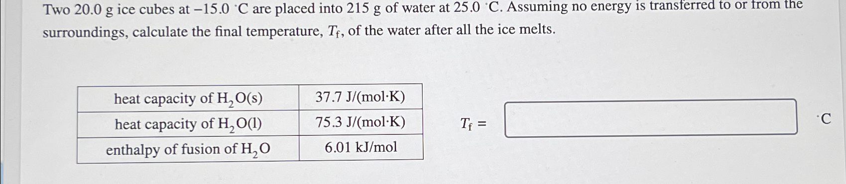 Solved Two 20.0g ﻿ice cubes at -15.0°C ﻿are placed into 215g | Chegg.com