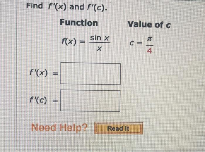Solved Find f'(x) and f'(c). Function f(x) = f'(x) f'(c) m | Chegg.com