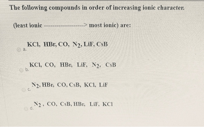 Solved The following compounds in order of increasing ionic | Chegg.com